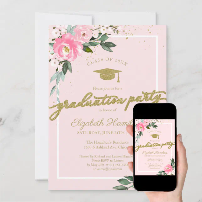 High School Grad Party Hot Pink Floral Invitation | Zazzle