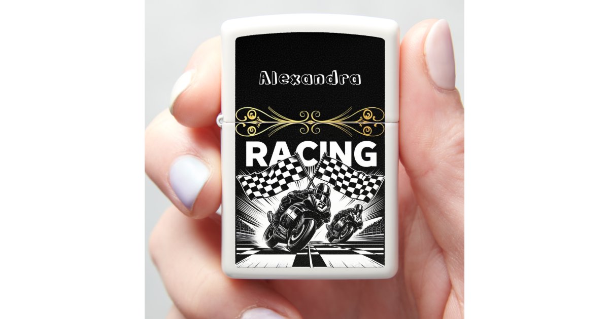 High-speed racing with checkered flags in action zippo lighter | Zazzle