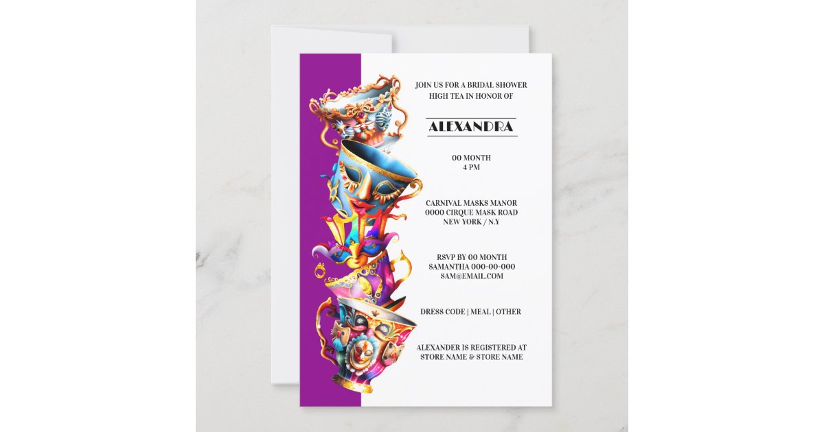 High tea party teacups carnival masks masquerade invitation | Zazzle