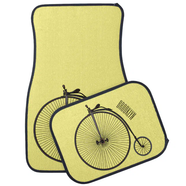 High wheel bicycle cartoon illustration car floor mat | Zazzle