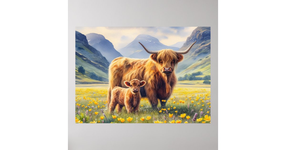 Highland Cow and Calf Buttercups Poster | Zazzle