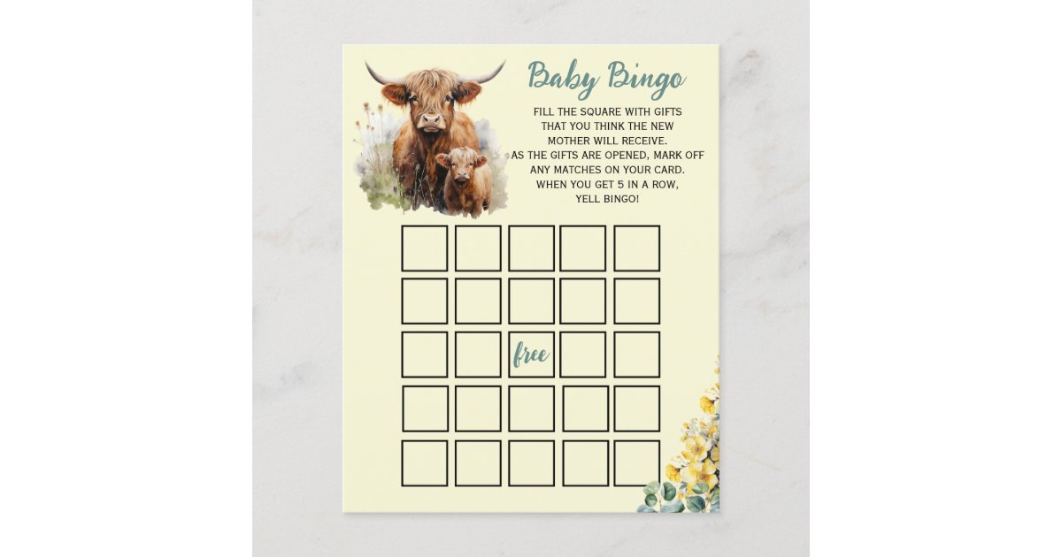 Highland Cow Baby Bingo Game Enclosure Card | Zazzle