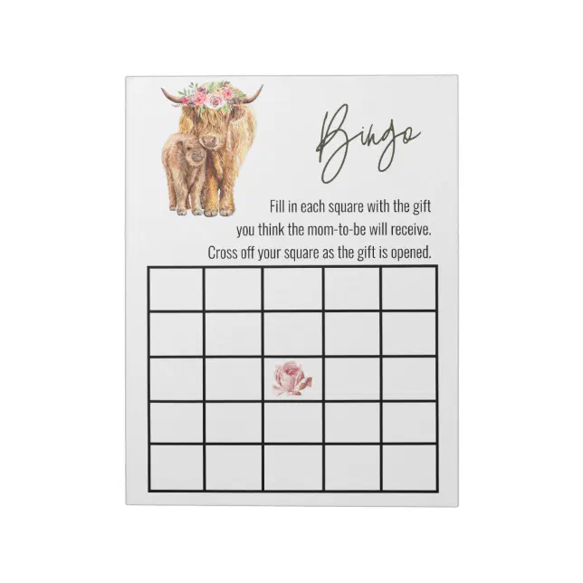Highland Cow Baby Shower Bingo Game Notepad | Zazzle