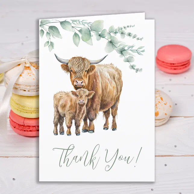Highland Cow Boho Greenery Farm Animal Baby Shower Thank You Card | Zazzle