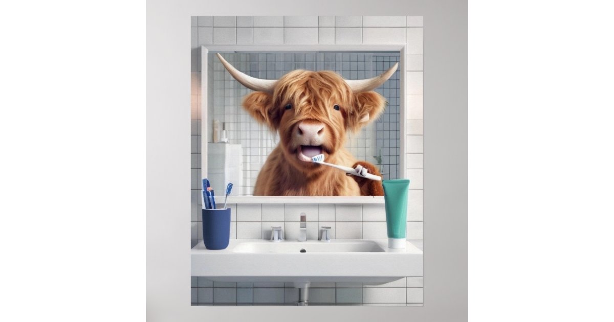 Highland Cow Brushing Teeth Toothbrush Bathroom Poster | Zazzle