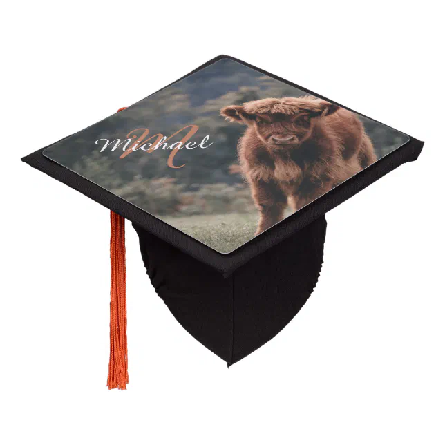 Highland cow calf autumn grass monogram initial graduation cap topper ...