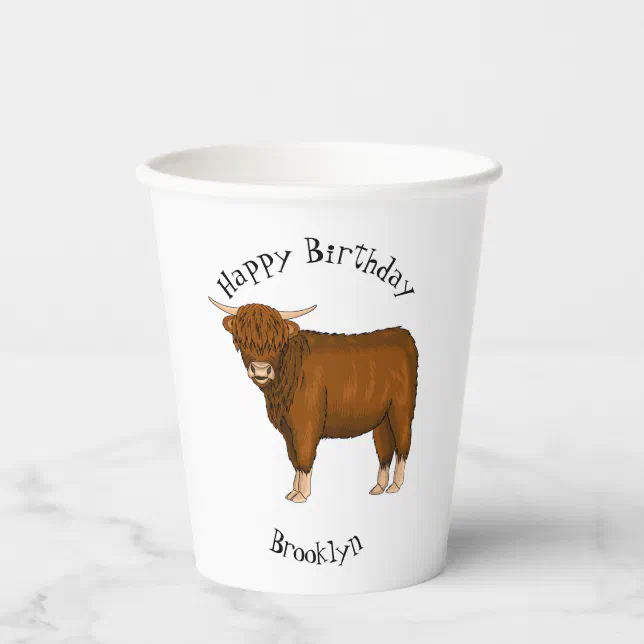 Highland cow cartoon illustration paper cups | Zazzle