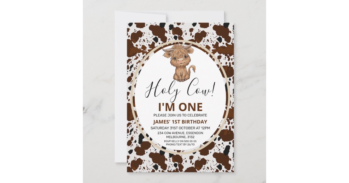 Highland Cow Cow Print 1st Birthday Invitation | Zazzle