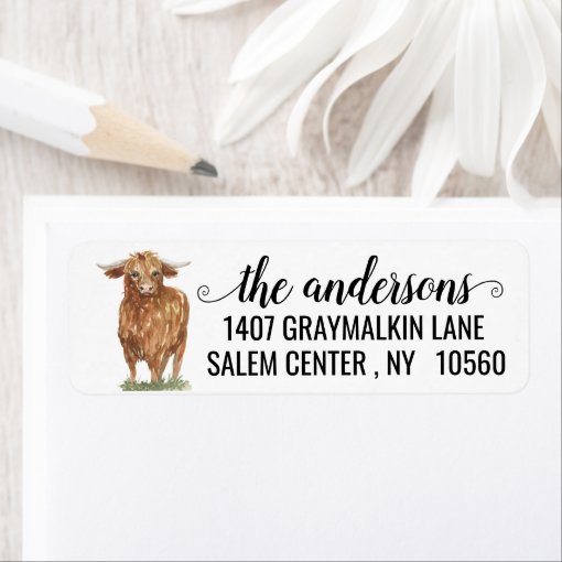 Highland Cow Farm Calligraphy Name address Label | Zazzle