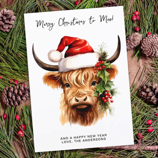 Highland Cow Festive Farm Merry Christmas to MOO Holiday Card | Zazzle