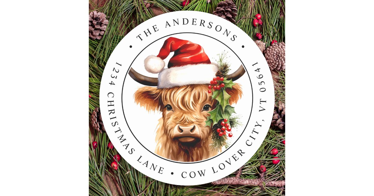 Highland Cow Festive Farm Return Address Classic Round Sticker | Zazzle