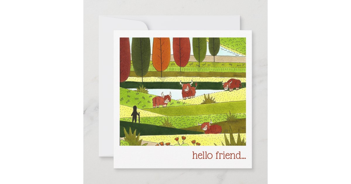 Highland Cow Field Hello Friend Note Card | Zazzle