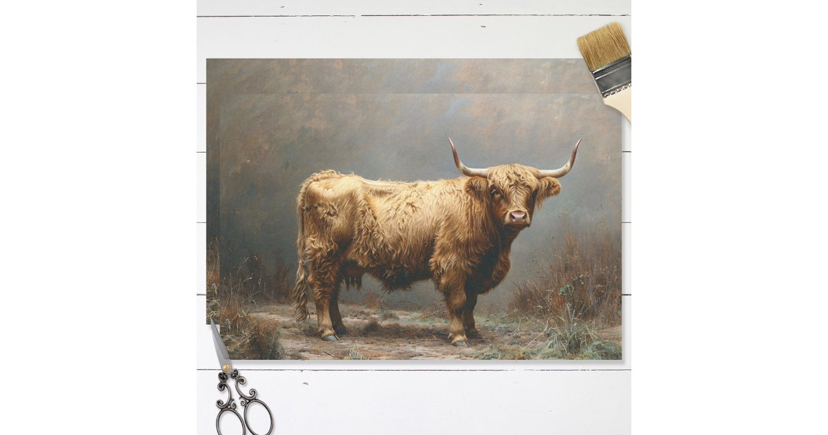 Highland Cow Full Body Vintage Painting Decoupage Tissue Paper | Zazzle