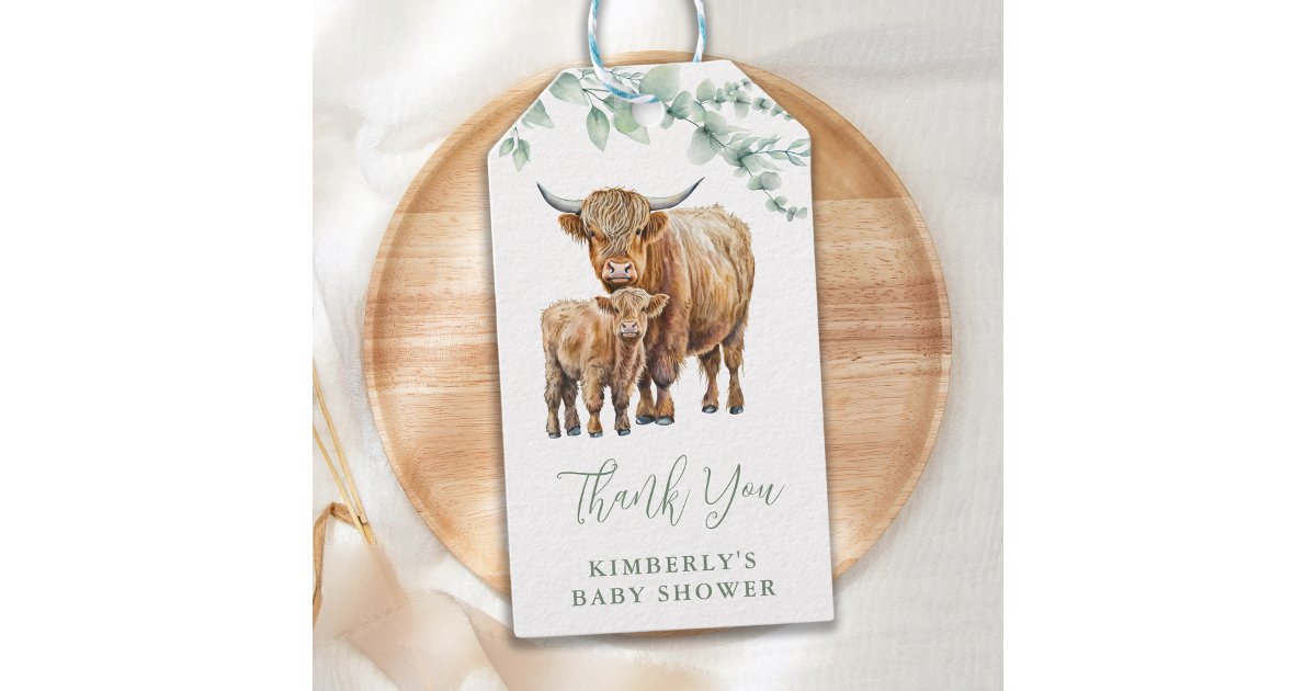 Highland Cow Greenery Farm Animals Baby Shower Gift Tags | Zazzle