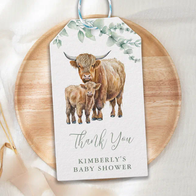 Highland Cow Greenery Farm Animals Baby Shower Gift Tags | Zazzle