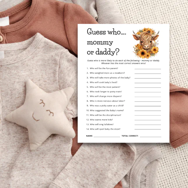 Highland Cow Guess Who Mom Dad Baby Shower Card | Zazzle