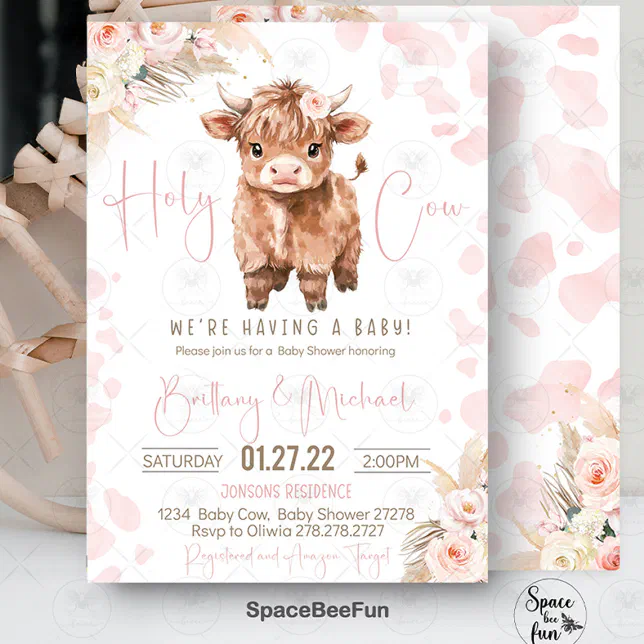 Highland Cow Holy Cow baby shower girl Invitation | Zazzle