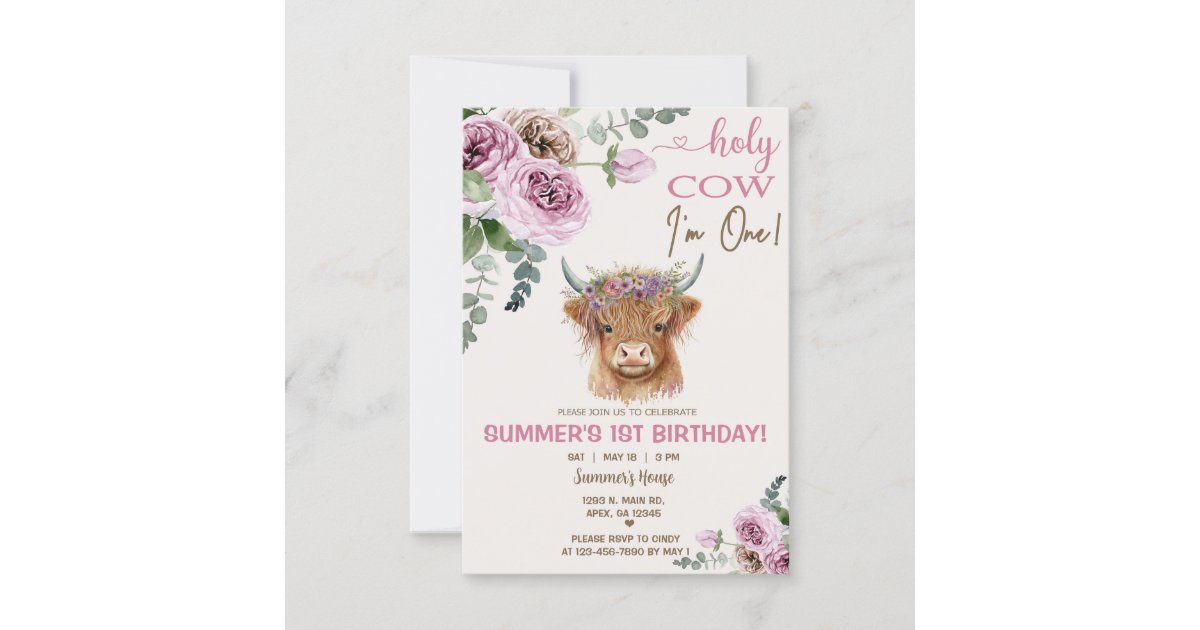 Highland cow, holy cow girl birthday invitation. invitation | Zazzle