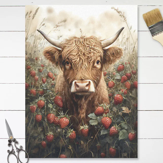 Highland Cow in a Strawberry Patch Decoupage Tissue Paper | Zazzle
