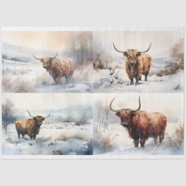 Highland Cow in Snow Collage 1 Decoupage Paper | Zazzle