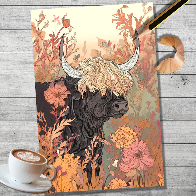Highland Cow Pencil Art 2 Decoupage Paper | Zazzle