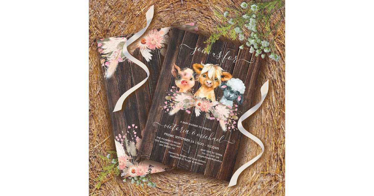 Highland Cow, Pig, Lamb Baby Shower Wildflower Invitation | Zazzle