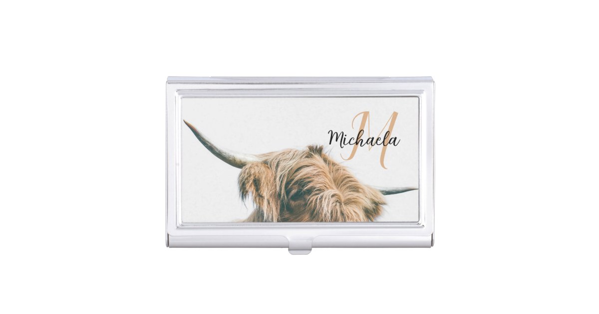 Highland cow portrait custom name initial monogram business card case ...