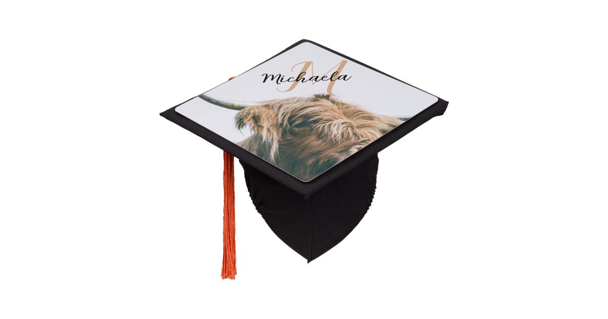 Highland cow portrait custom name initial monogram graduation cap ...
