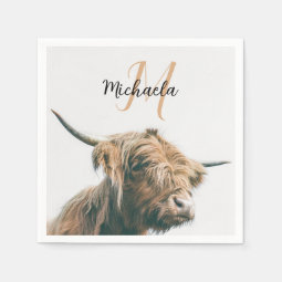 Highland cow portrait custom name initial monogram napkins | Zazzle
