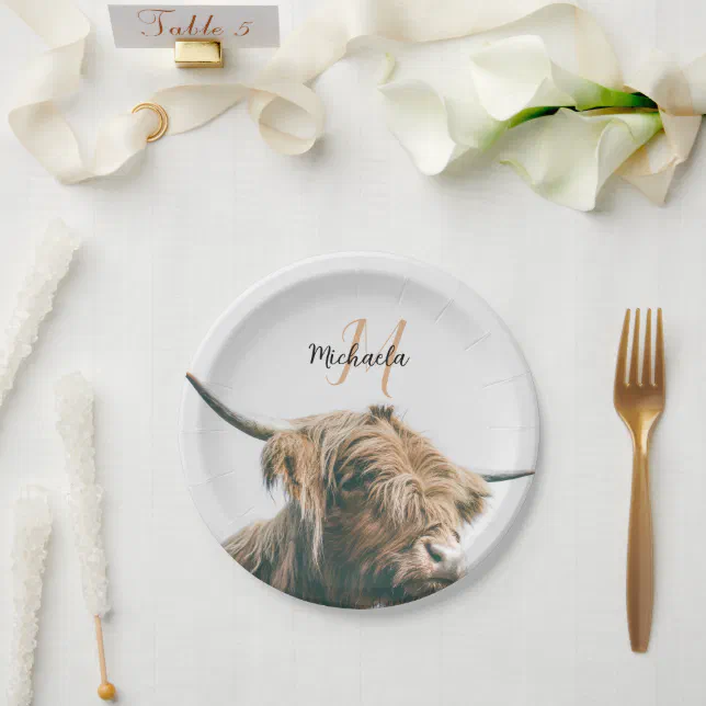 Highland cow portrait custom name initial monogram paper plates | Zazzle