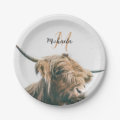 Highland cow portrait custom name initial monogram paper plates | Zazzle