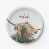 Highland cow portrait custom name initial monogram paper plates | Zazzle