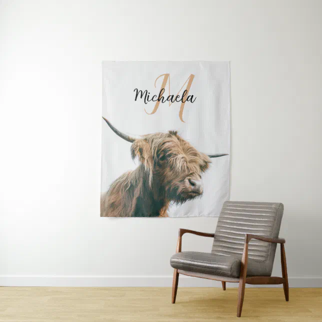 Highland cow portrait custom name initial monogram tapestry | Zazzle
