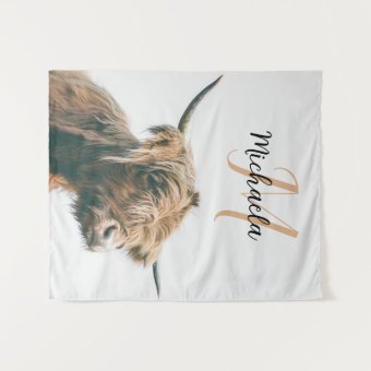 Highland cow portrait custom name initial monogram tapestry | Zazzle
