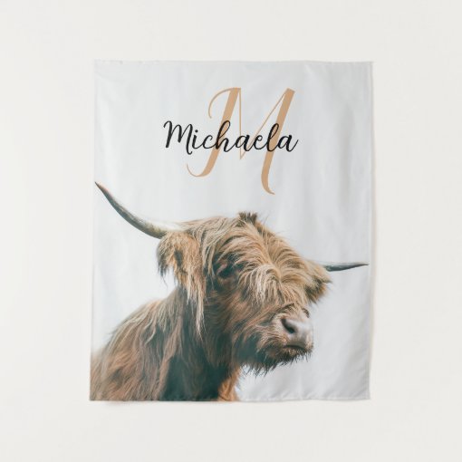Highland cow portrait custom name initial monogram tapestry | Zazzle