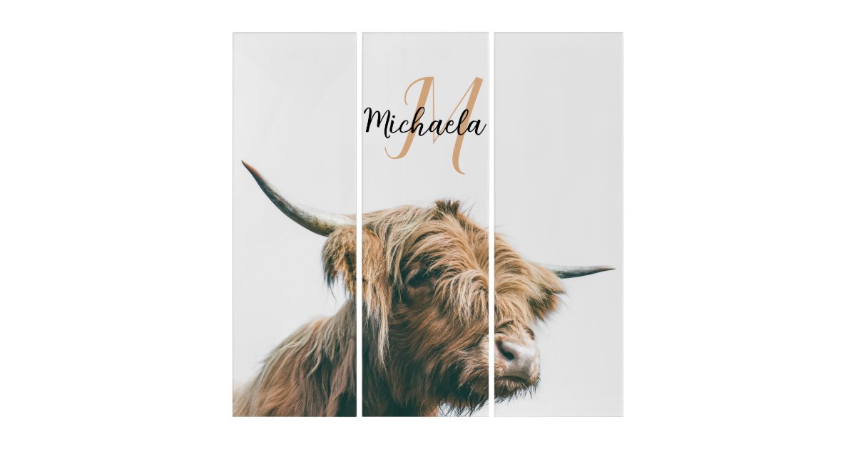 Highland cow portrait custom name initial monogram triptych | Zazzle