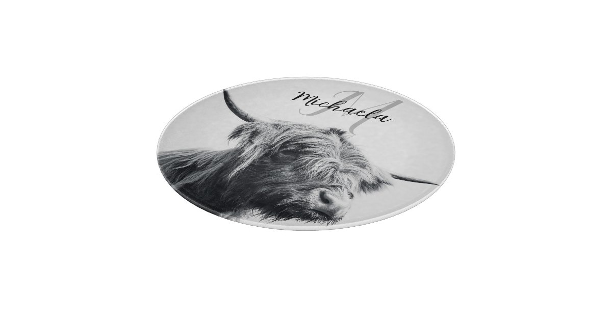 Highland cow portrait initial monogram black white cutting board | Zazzle