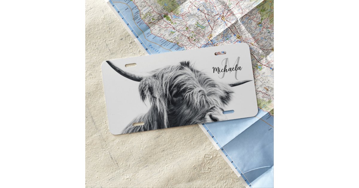 Highland cow portrait initial monogram black white license plate | Zazzle
