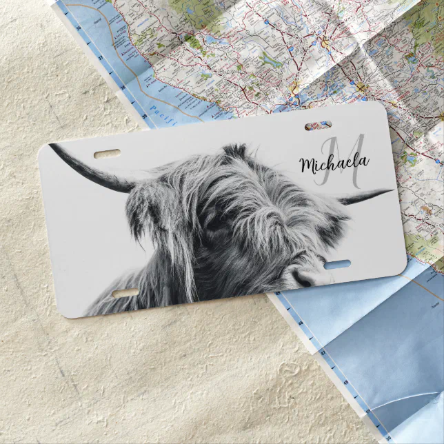 Highland cow portrait initial monogram black white license plate | Zazzle