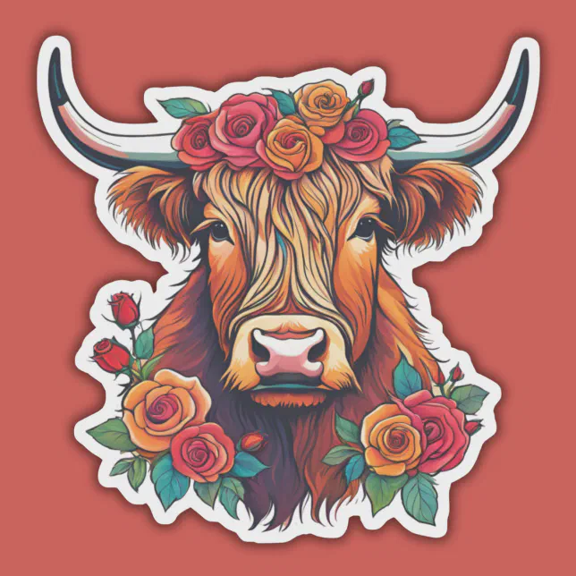 Highland Cow with Roses Waterproof Sticker | Zazzle