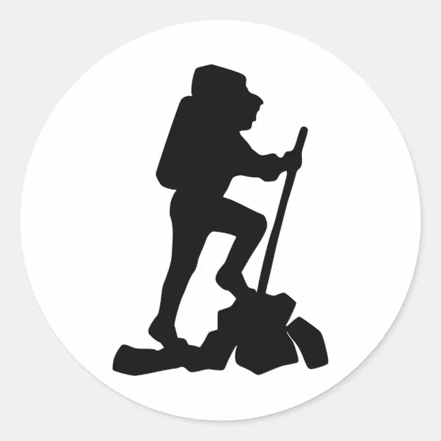 Hiker Silhouette Emblem Graphic Design Backpacker Classic Round Sticker ...