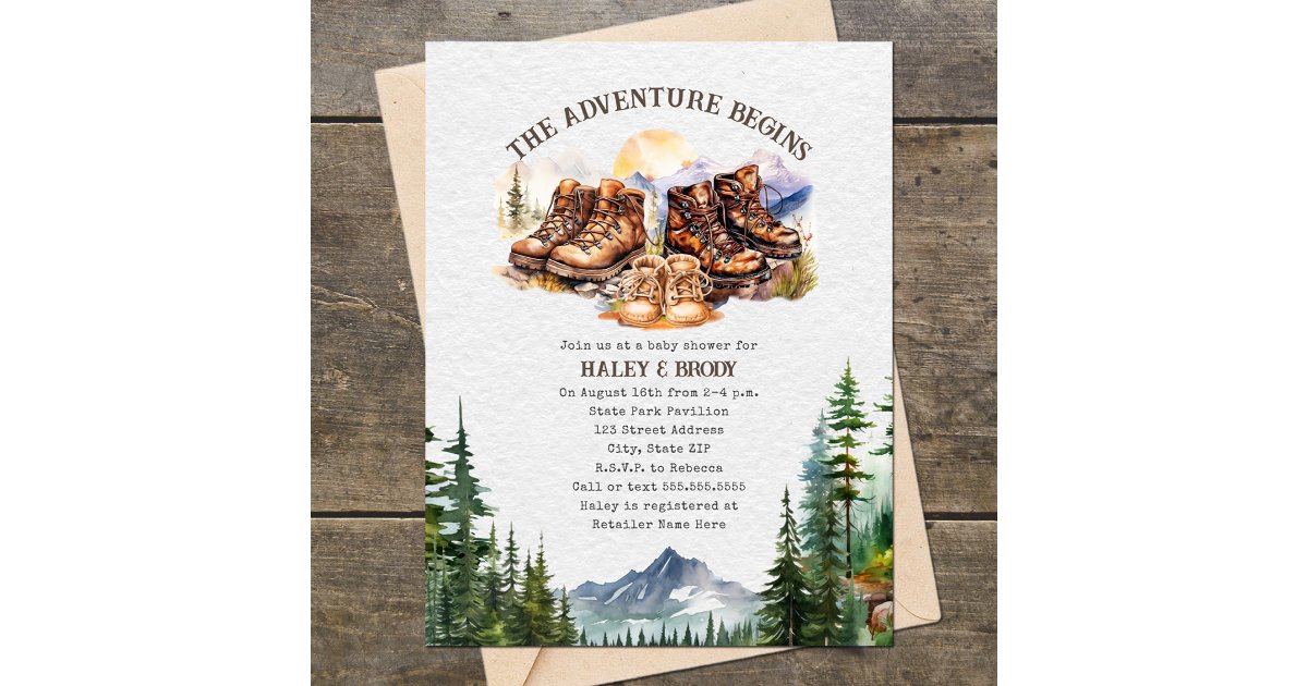 Hiking Boots Adventure Neutral Baby Shower Invitation | Zazzle