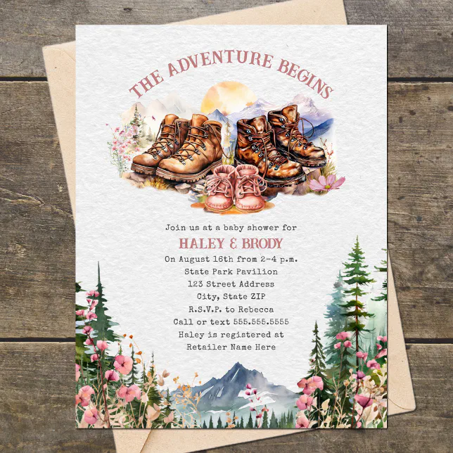 Hiking Boots Adventure Pink Girl Baby Shower Invitation | Zazzle