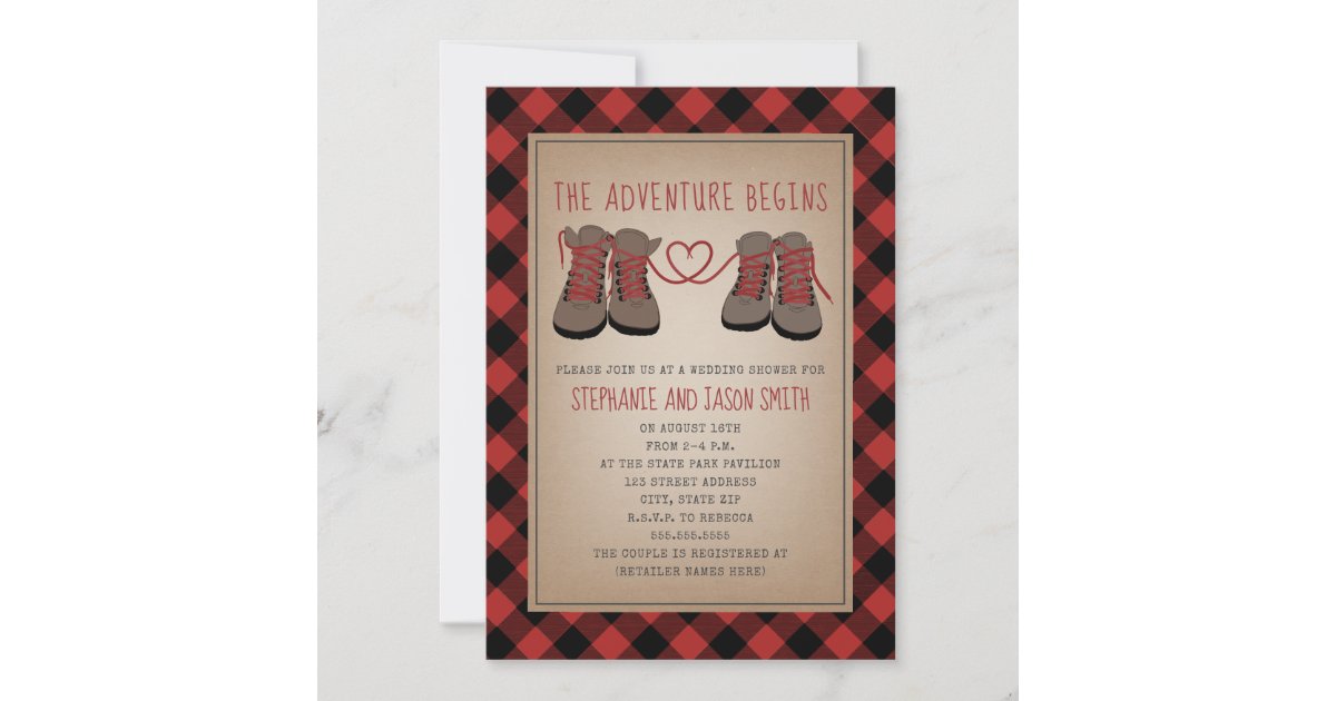 Hiking Boots Adventure Plaid Wedding Shower Invitation | Zazzle