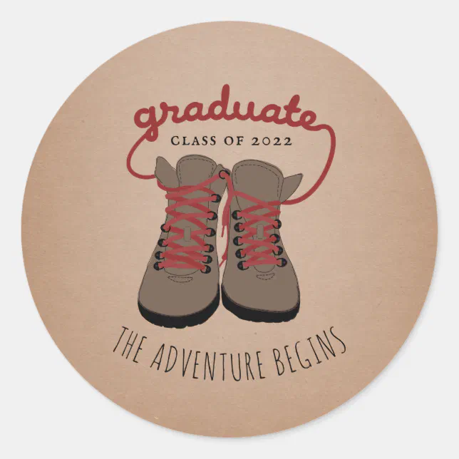 Hiking Boots Graduation The Adventure Begins Classic Round Sticker | Zazzle