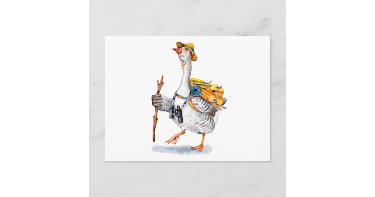 Hiking Goose with Backpack and Binoculars Postcard | Zazzle