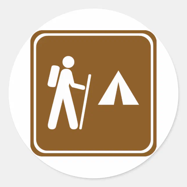 Hiking Trail with Camping Highway Sign Classic Round Sticker | Zazzle