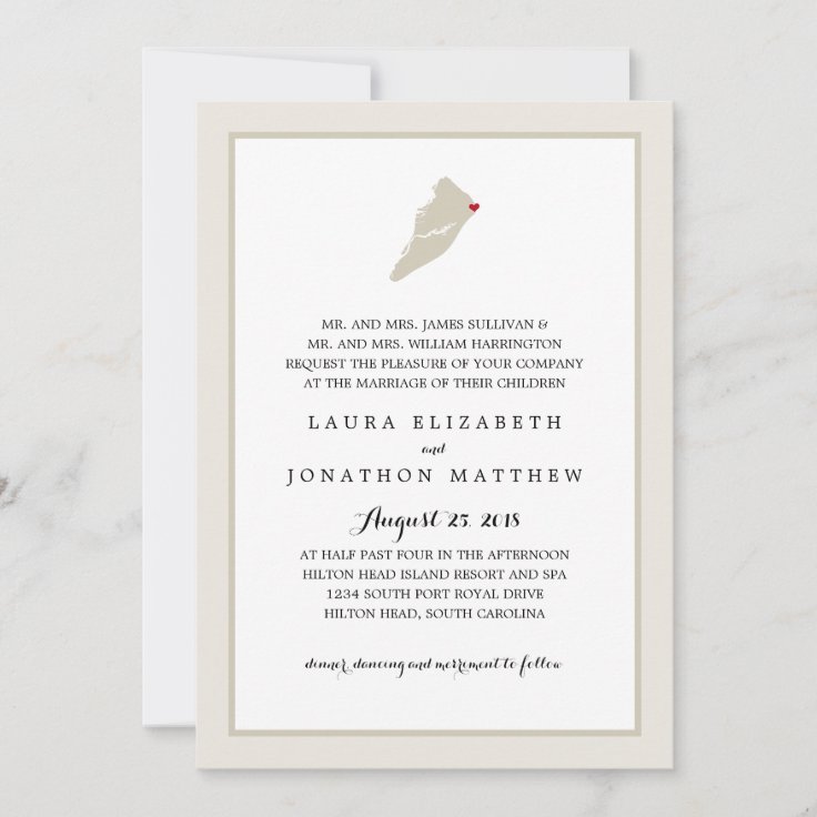 Hilton Head Island Map with heart | Wedding Invitation | Zazzle