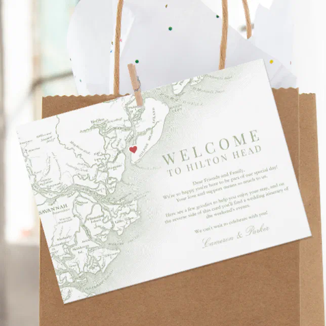 Hilton Head Sage Green Wedding Welcome Itinerary Thank You Card | Zazzle