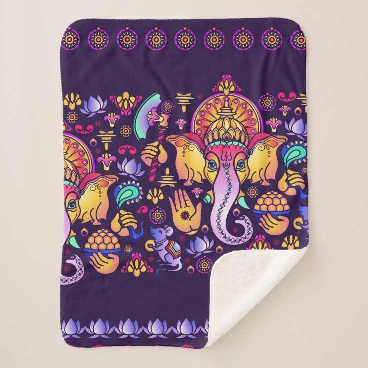 Hindu God Ganesha and Indian symbols in strip shap Sherpa Blanket | Zazzle